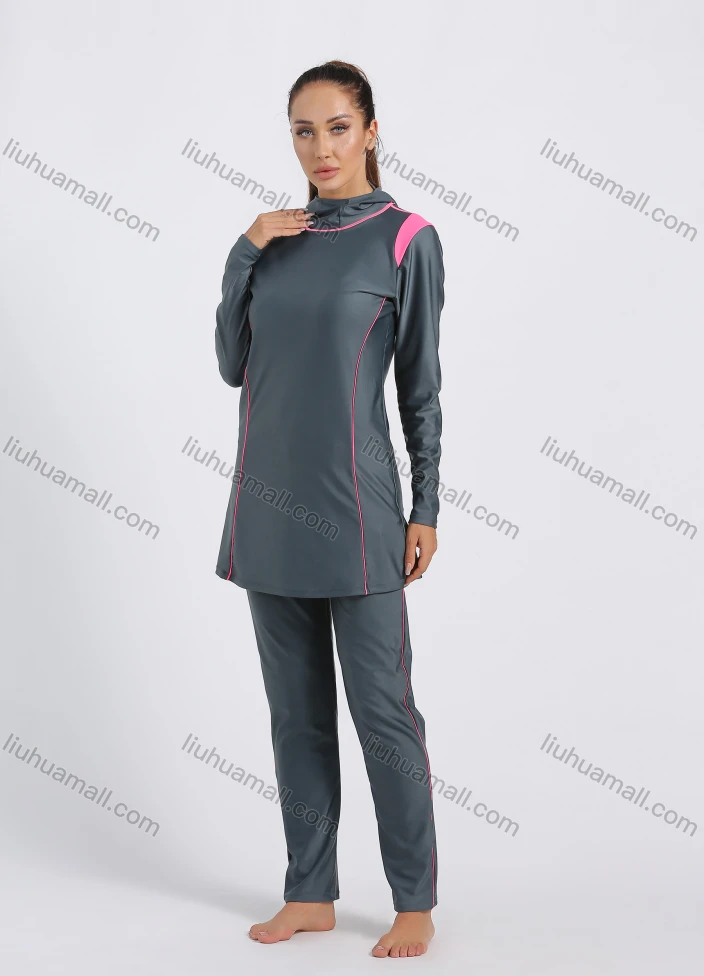 Wholesale Women's Modest Muslim Full Coverage Contrast Burkini Swimsuit With Hijab 2 Piece Set